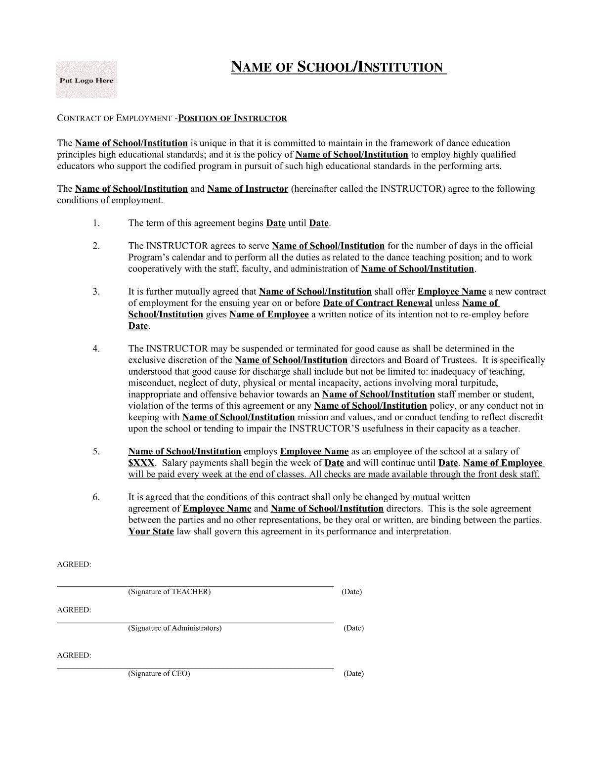 Dance Teacher Contract Template: Studio Instructor Agreement (PDF, Word ...