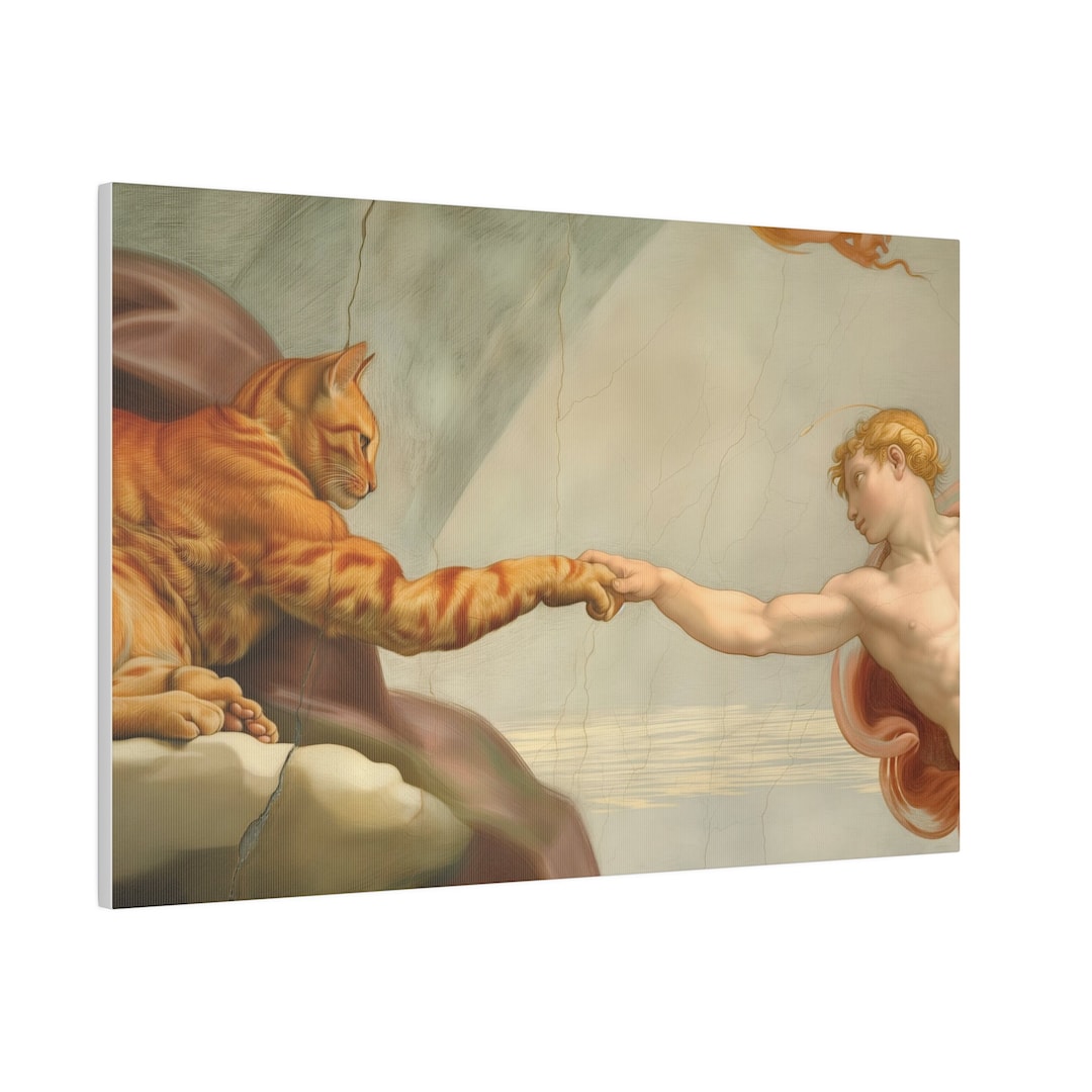 The Creation of Adam Cat Version, Michelangelo Art Style, Cat Painting in Old Art Classic Style ...