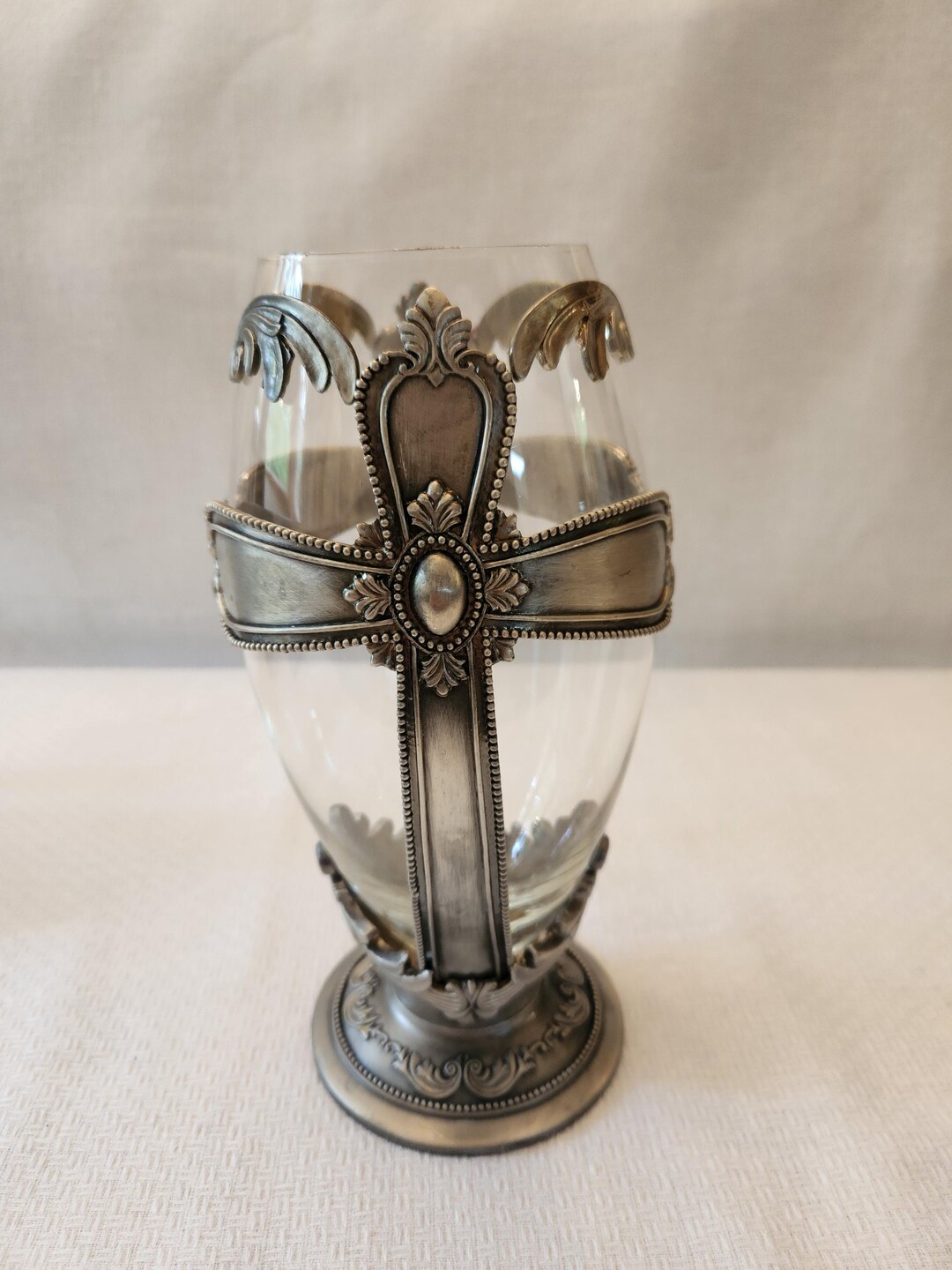 Vintage FTD Glass and Pewter Holy Cross Vase Ornate Decorative Vase 9 ...