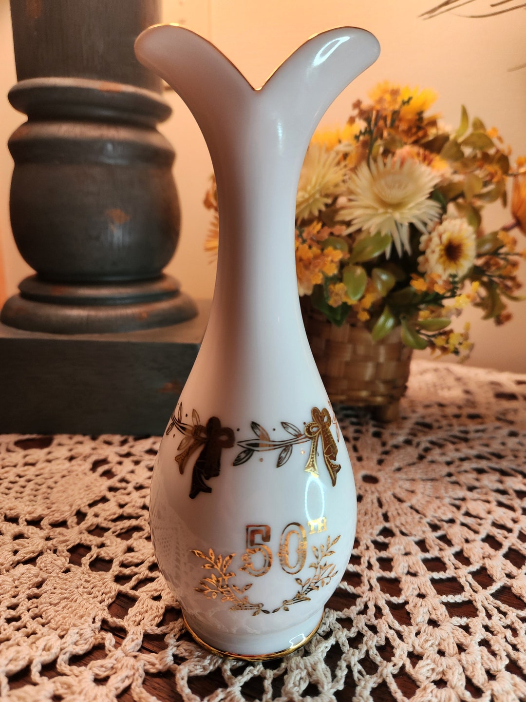 Lefton China Hand Painted 50th Wedding Anniversary Vase Gold Trim 7.5 ...