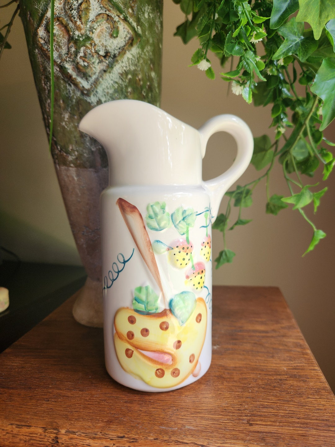 Mid Century Ceramic Fruit Pitcher White With Raised Motif Hand Painted ...