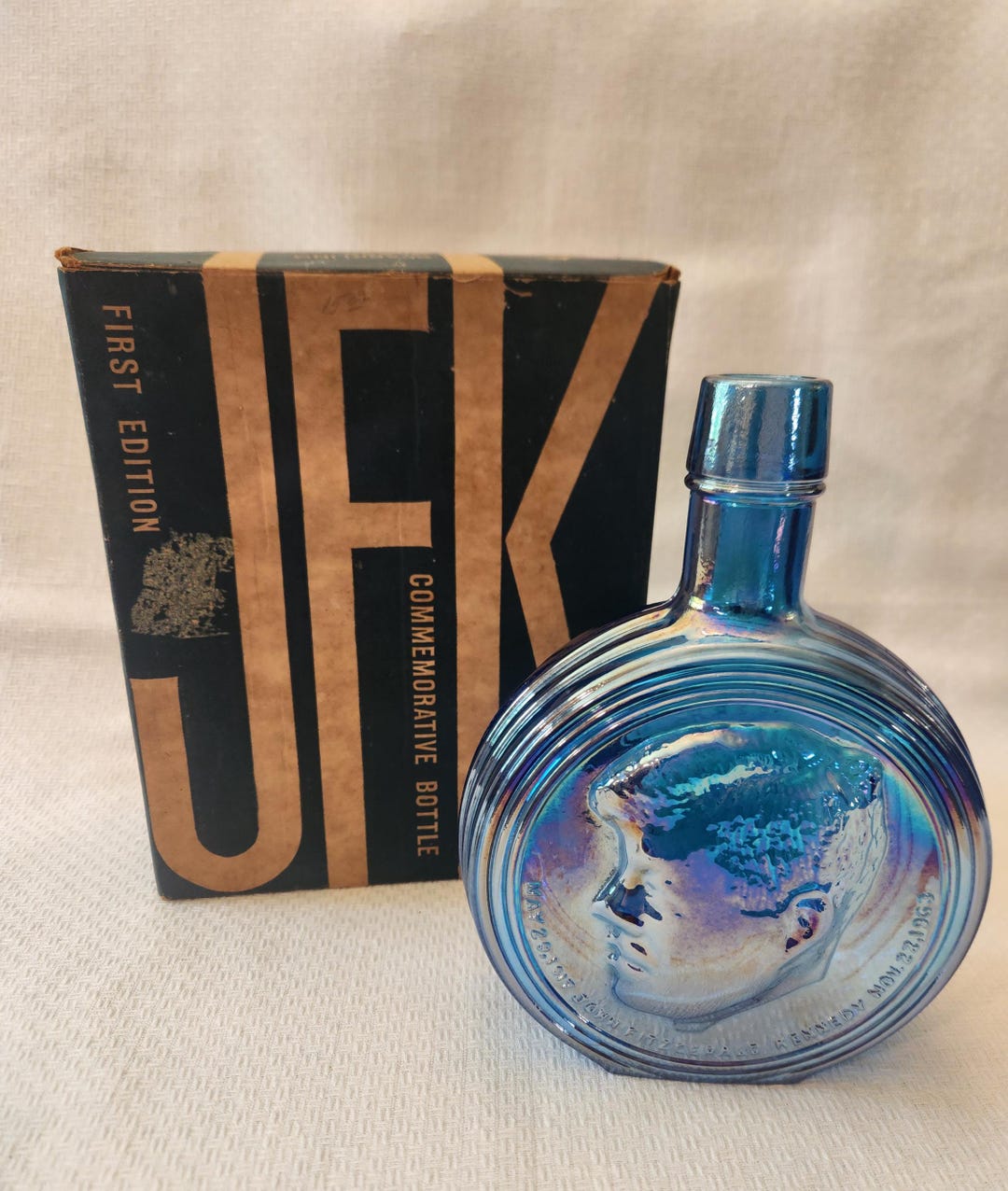 JFK Presidential Bottle - Iridescent Blue Wheaton Glass - Original Box ...