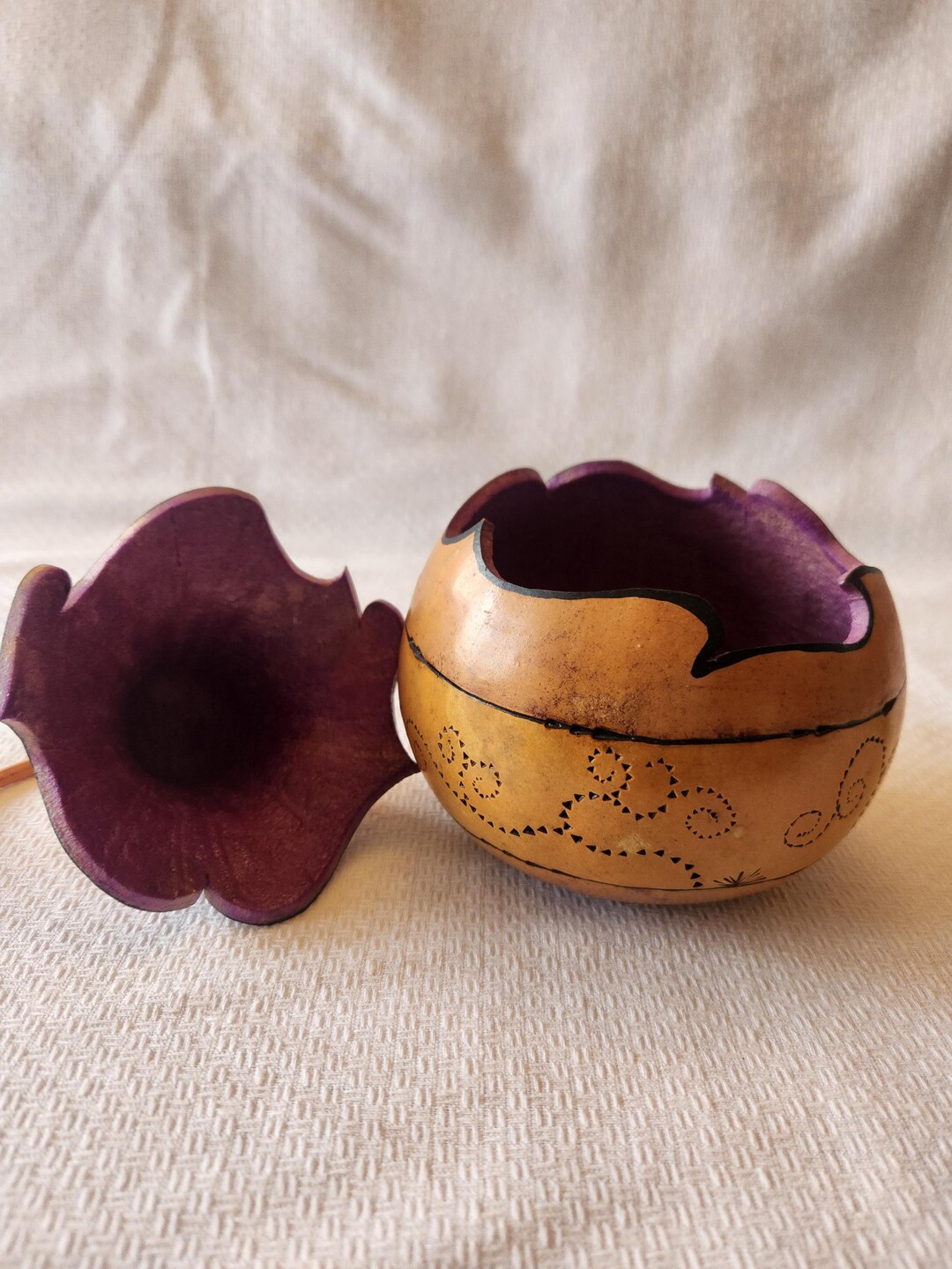 Carved Gourd Trinket Box Inside Stained Purple 7" One of a Kind Folkart ...