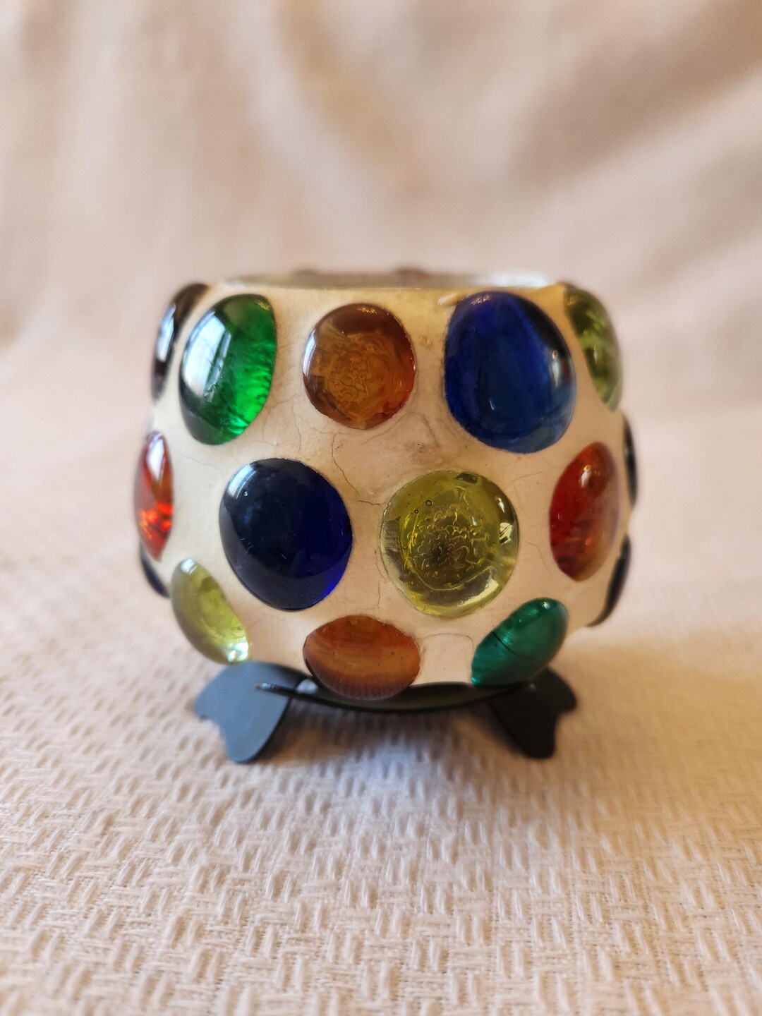 Vintage Bondware Japan Glass Jeweled Votive Candleholder Mosiac Colored ...