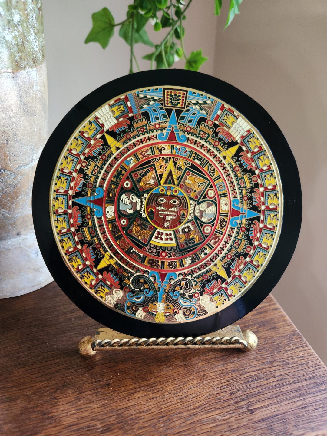 60's Vintage Aztec Calendar Mexican Art Sun Stone Ancient Mayans Wall ...