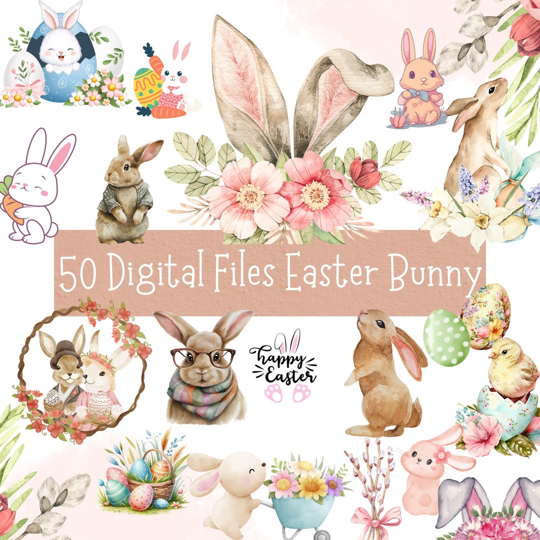 50 Cute Easter Bunny Cliparts | Easter Bunny PNG Digital Files | Cute ...