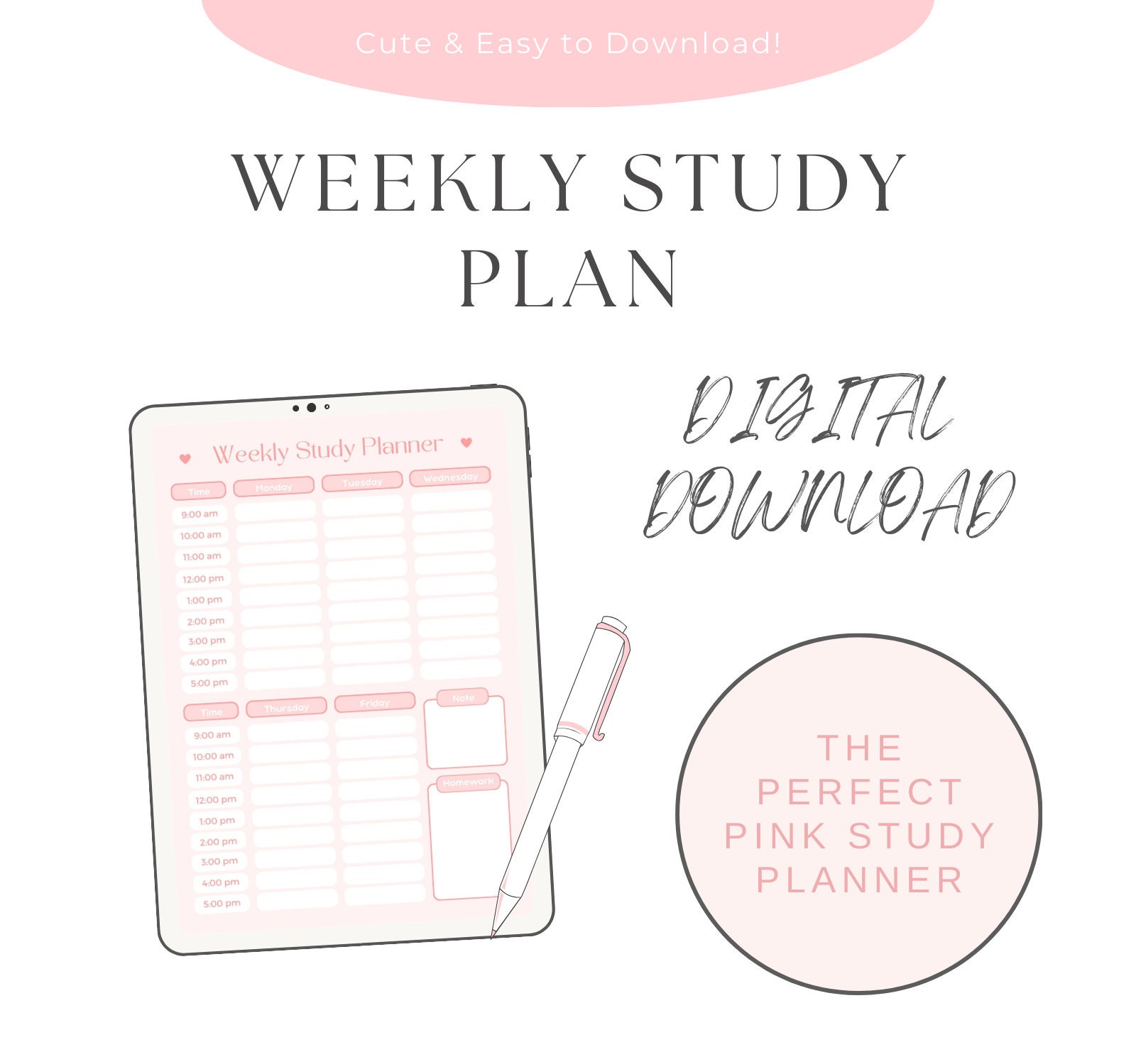 Printable Weekly Study Planner Pink Cute Digital Download for Home ...