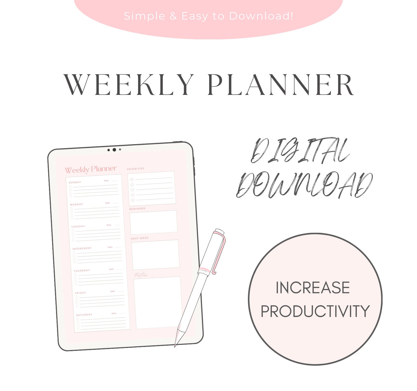 Pink Minimal Weekly Planner Printable Instant Digital Download Home ...
