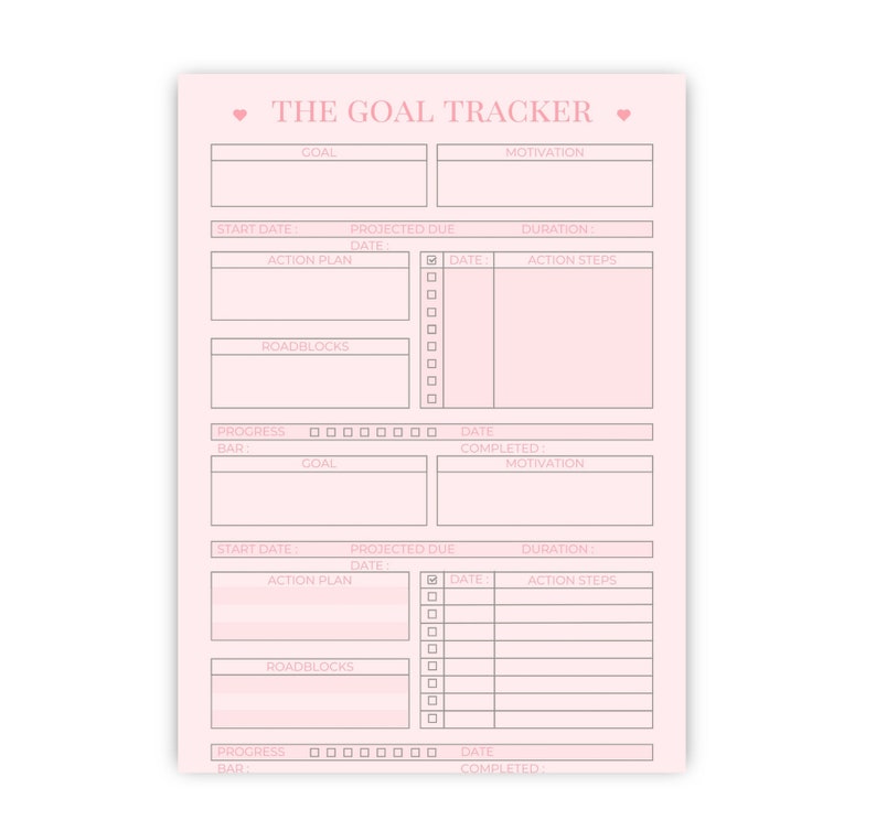 Goal Tracker Printable Worksheet Instant Digital Download Pink Minimal ...