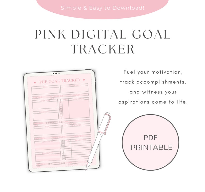 Goal Tracker Printable Worksheet Instant Digital Download Pink Minimal ...