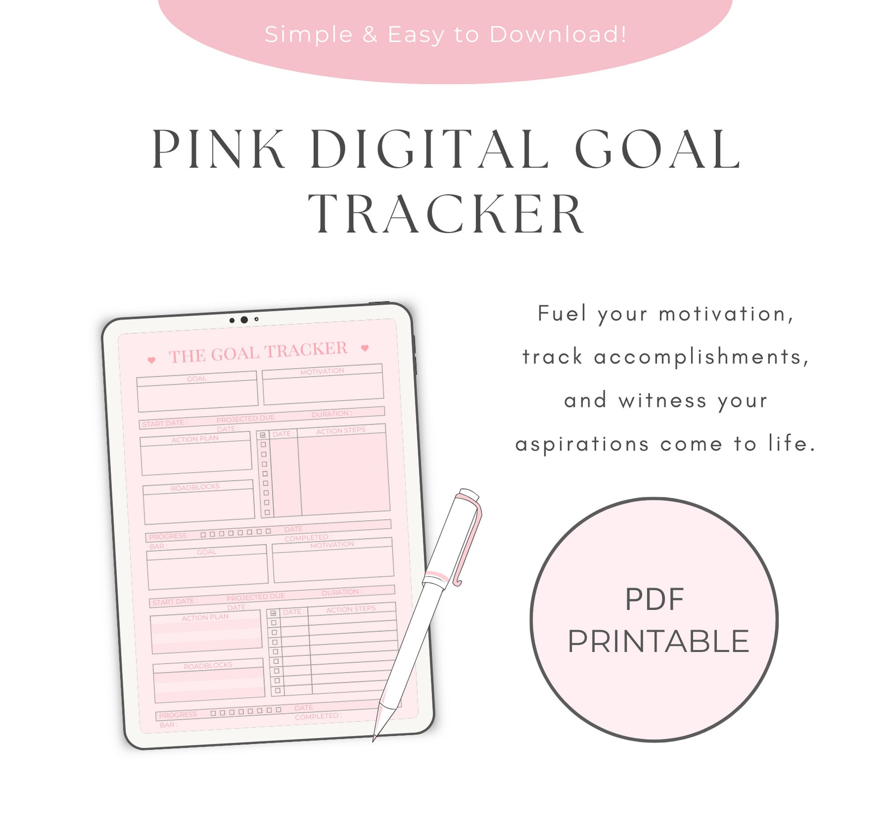 Goal Tracker Printable Worksheet Instant Digital Download Pink Minimal ...