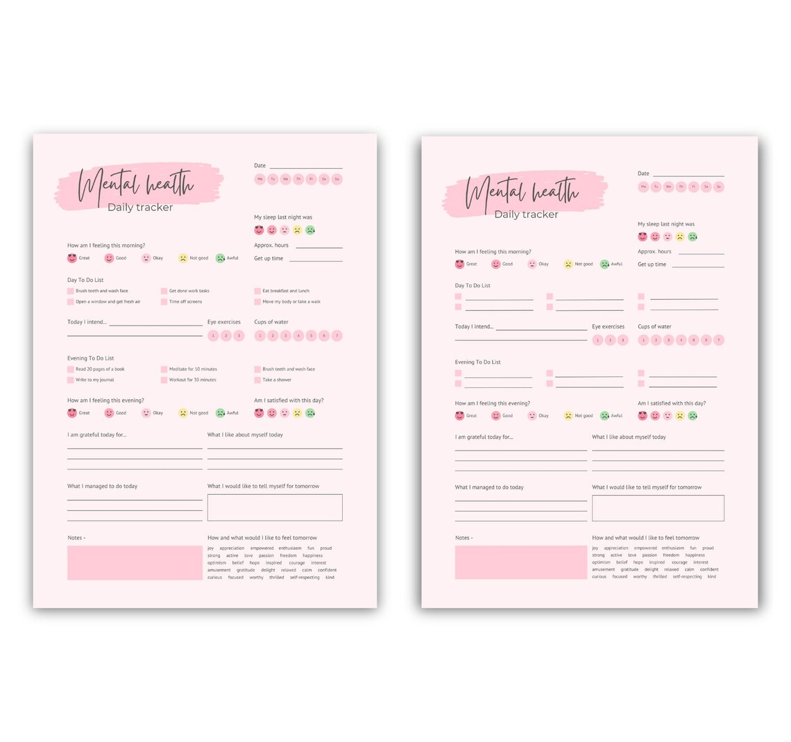 Wellbeing Mental Health Daily Tracker Pink Self Care Journal Printable ...