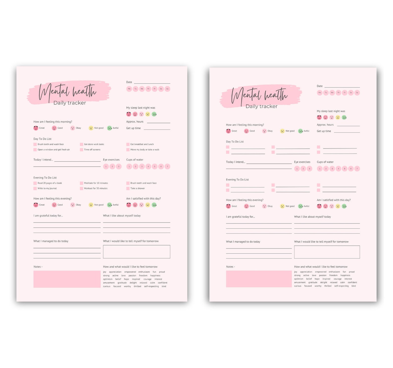 Wellbeing Mental Health Daily Tracker Pink Self Care Journal Printable ...
