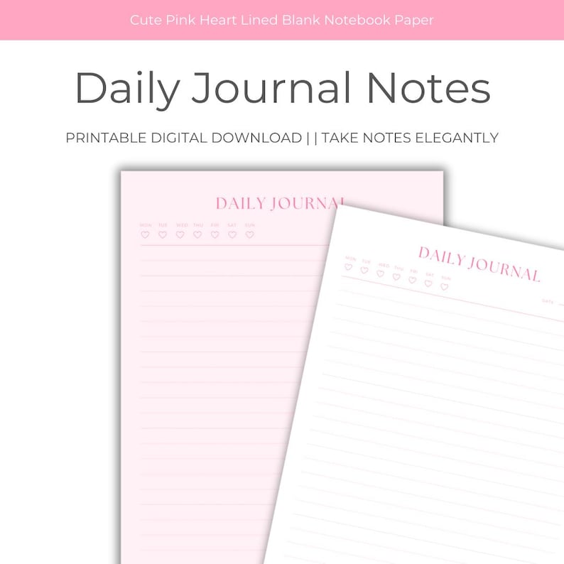 Coquette Printable Minimalist Heart Journal Lined Notebook Pink Digital ...