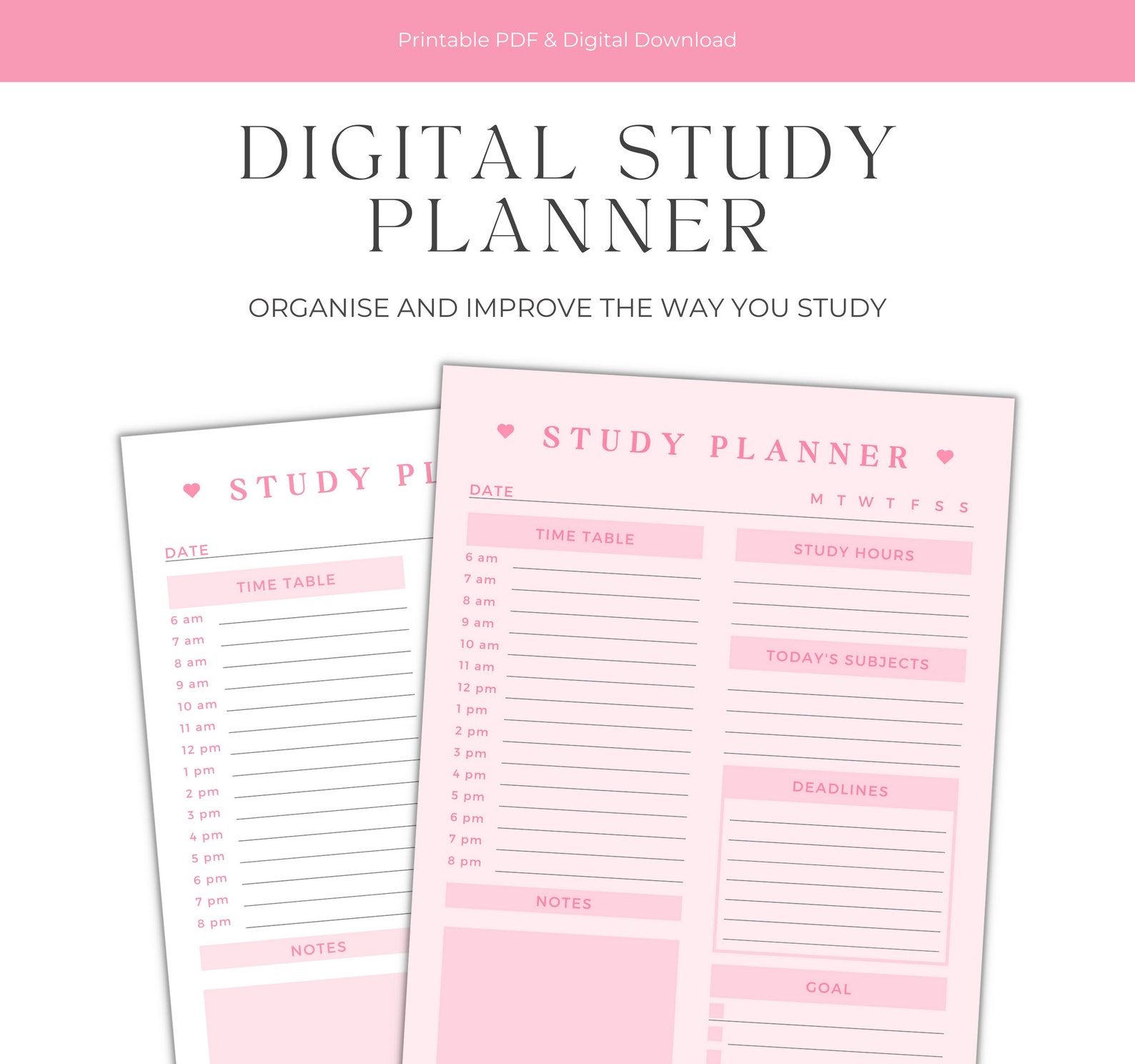 Study Schedule Planner Printable Organizer Minimal Pink Simple Everyday ...