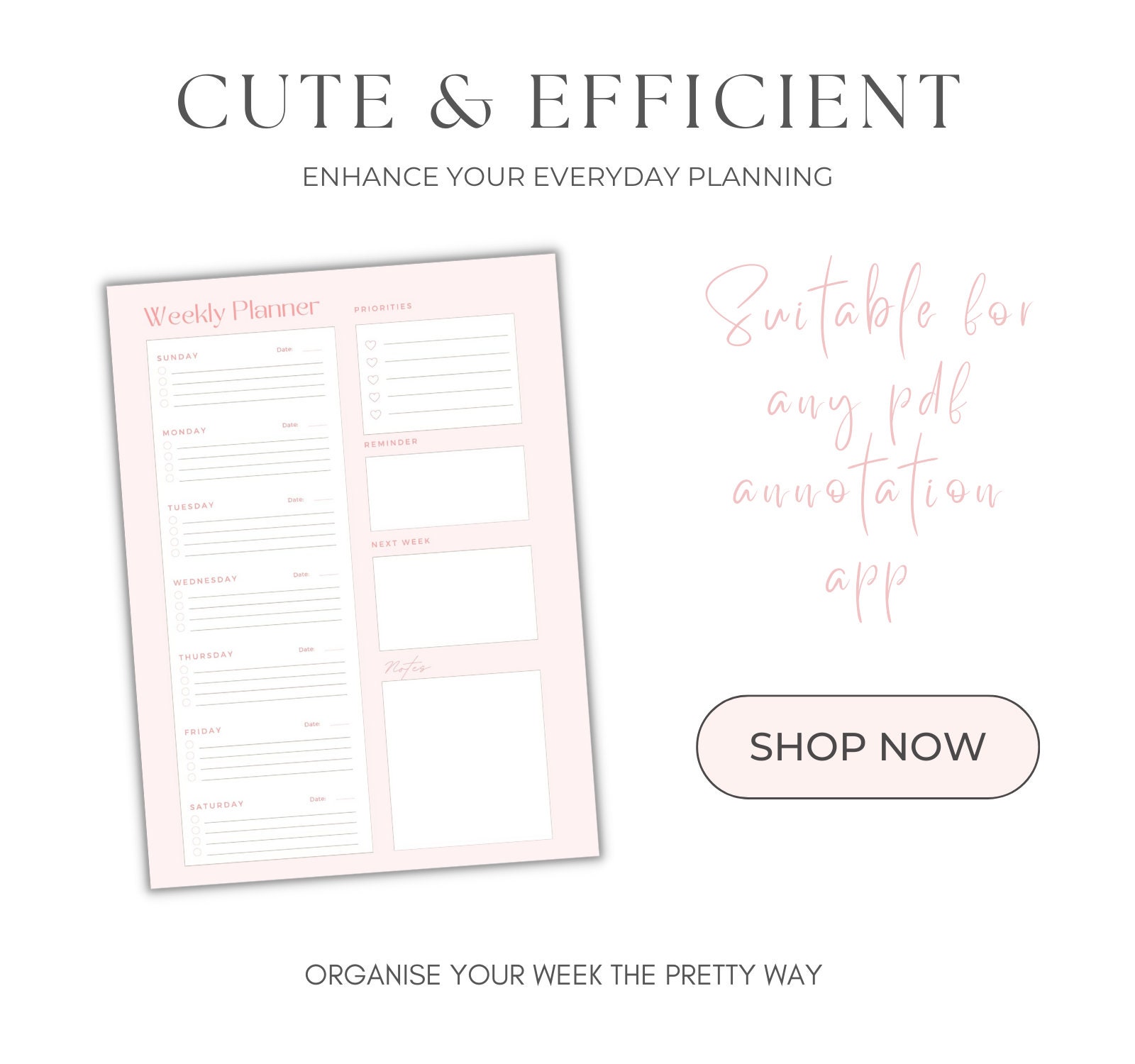 Pink Minimal Weekly Planner Printable Instant Digital Download Home ...