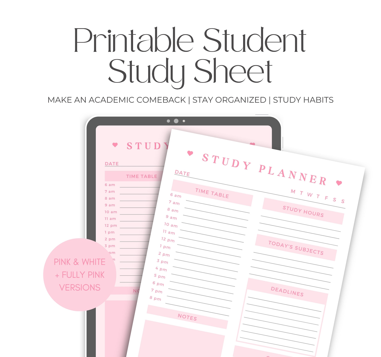 Study Schedule Planner Printable Organizer Minimal Pink Simple Everyday ...