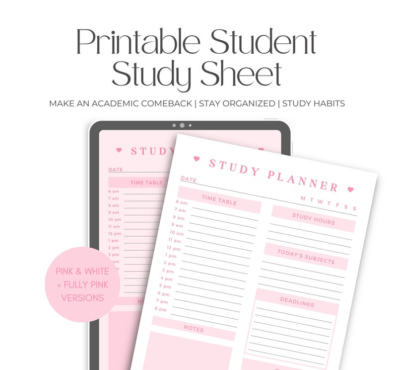 Study Schedule Planner Printable Organizer Minimal Pink Simple Everyday ...