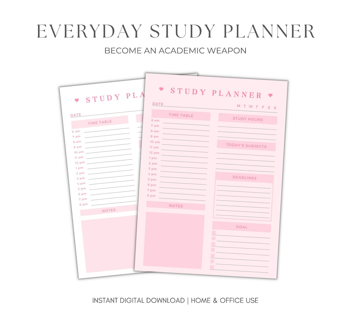 Study Schedule Planner Printable Organizer Minimal Pink Simple Everyday ...