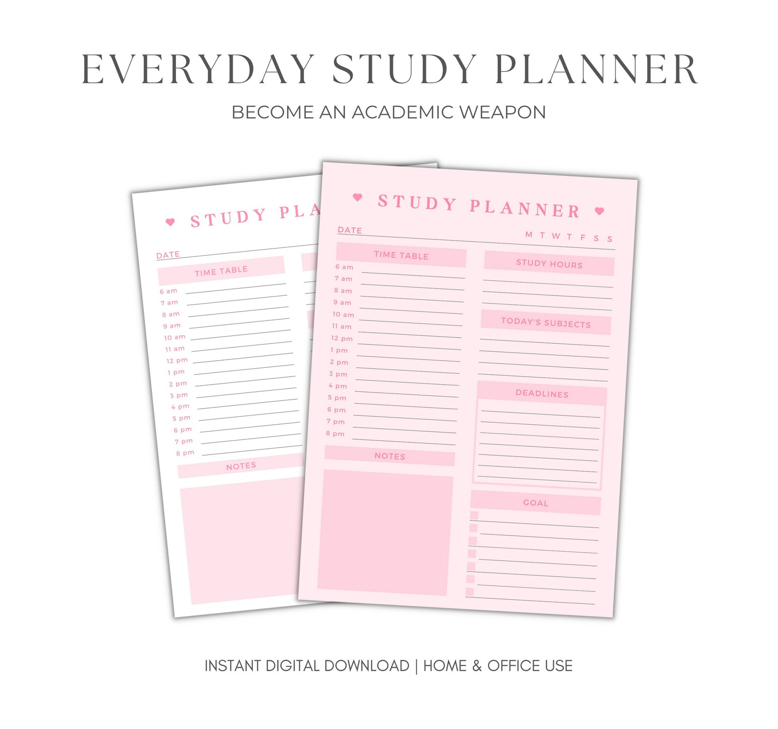 Study Schedule Planner Printable Organizer Minimal Pink Simple Everyday ...
