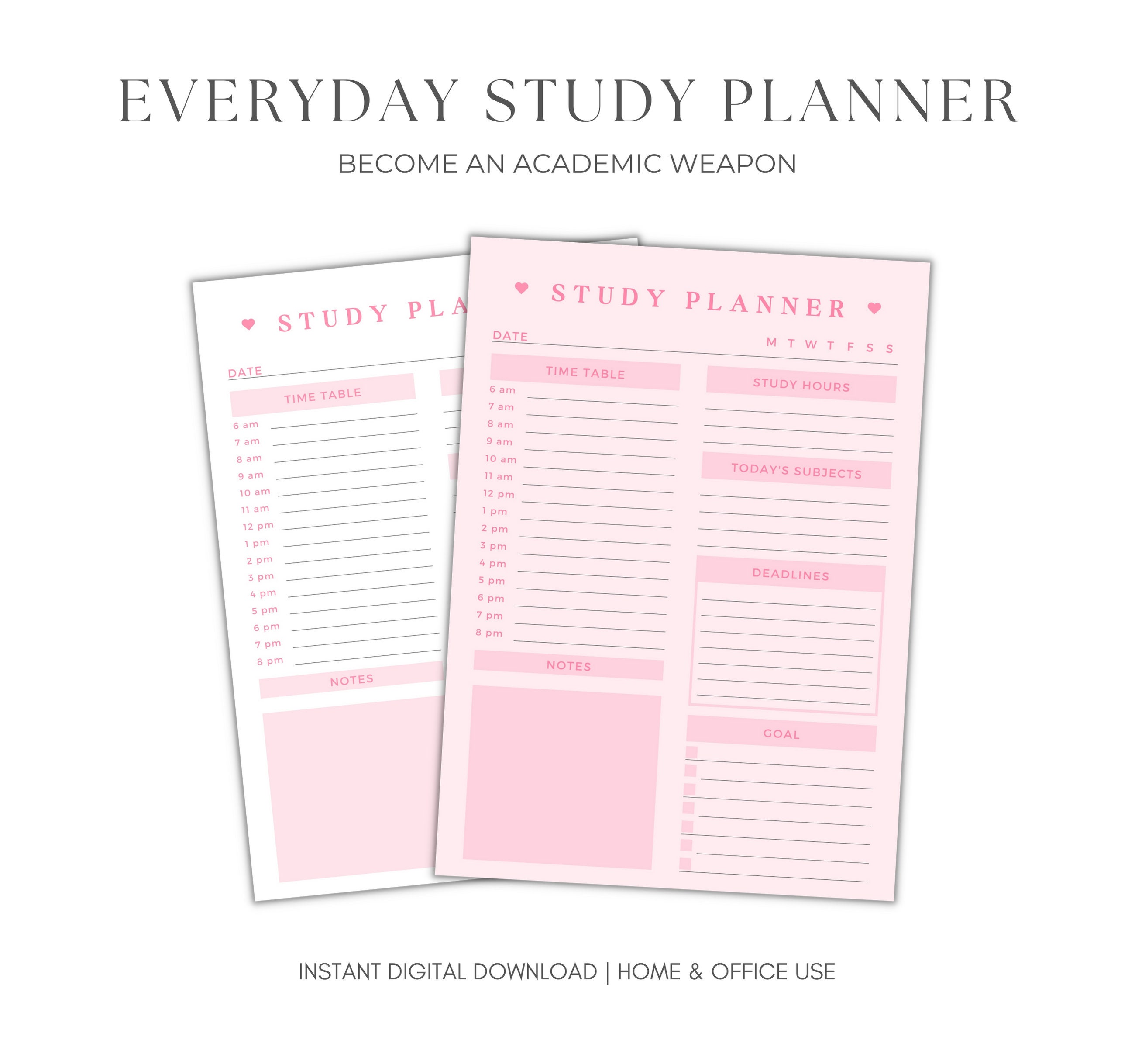 Study Schedule Planner Printable Organizer Minimal Pink Simple Everyday ...