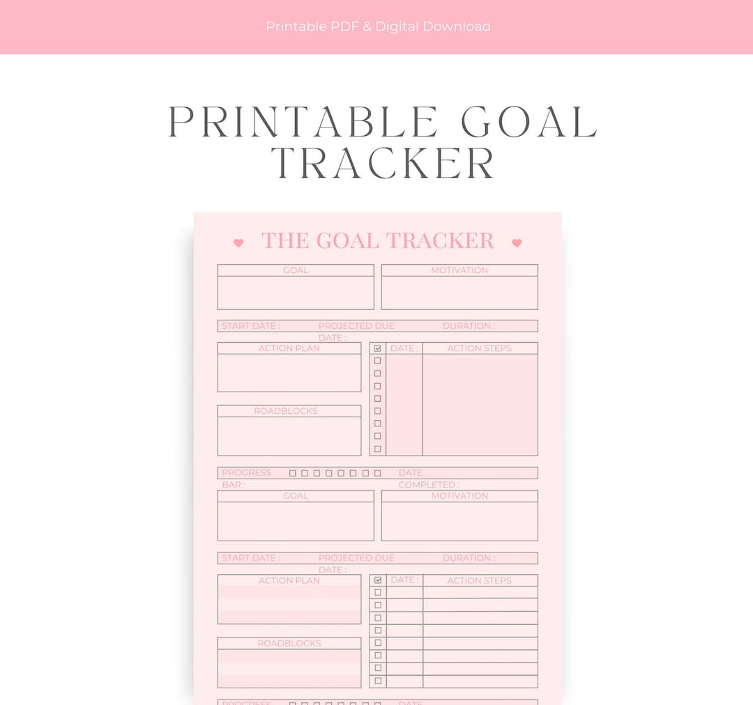 Goal Tracker Printable Worksheet Instant Digital Download Pink Minimal ...