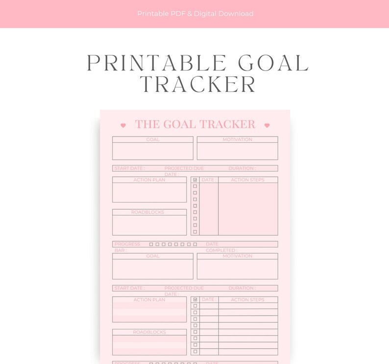 Goal Tracker Printable Worksheet Instant Digital Download Pink Minimal ...