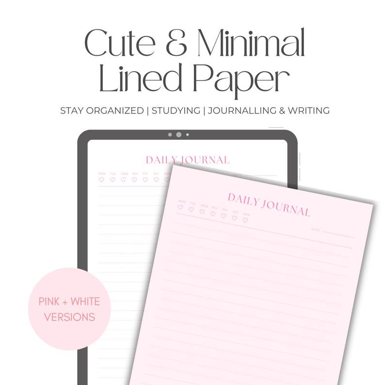 Coquette Printable Minimalist Heart Journal Lined Notebook Pink Digital ...