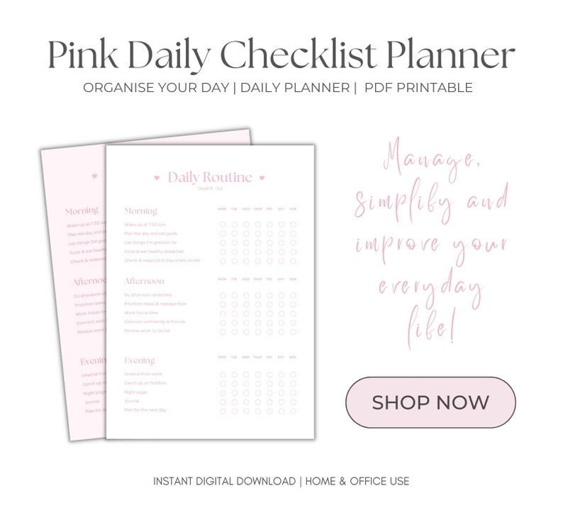 Daily Routine Checklist Planner Printable Everyday Organizer Pink ...