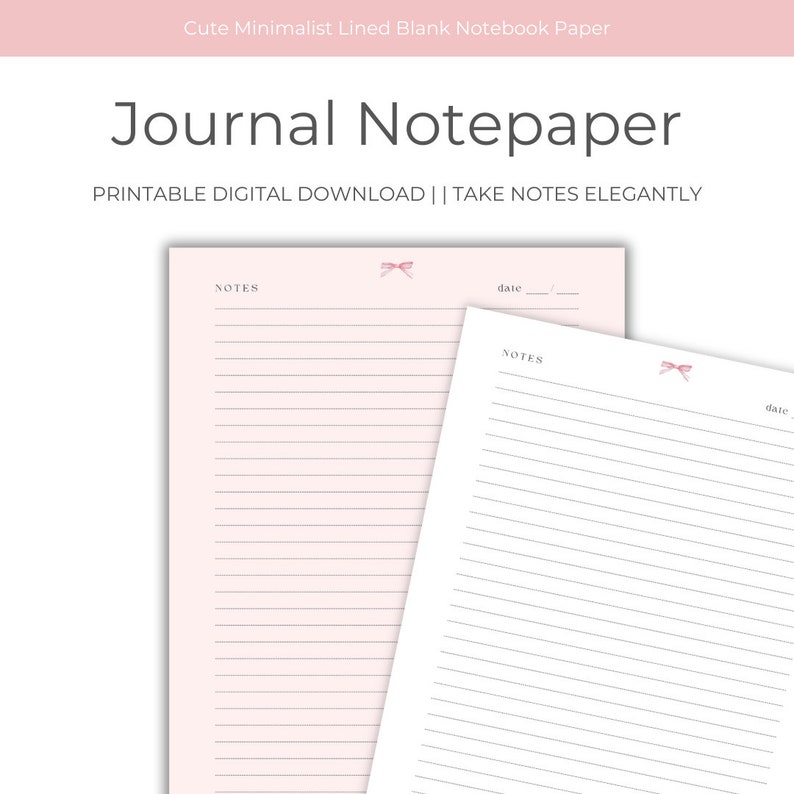 Coquette Printable Minimalist Ribbon Lined Notebook Pink Digital ...