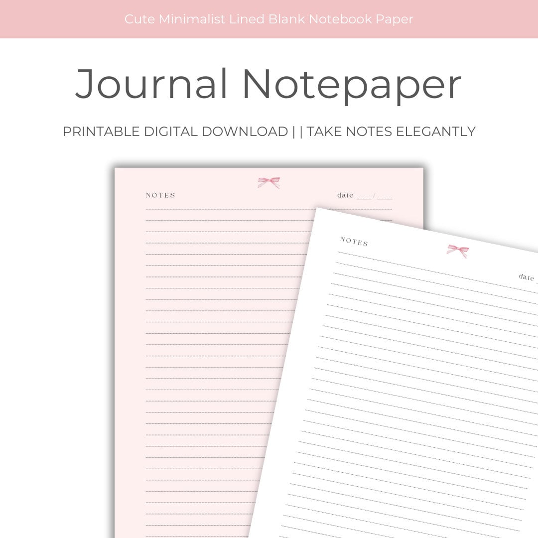 Coquette Printable Minimalist Ribbon Lined Notebook Pink Digital ...