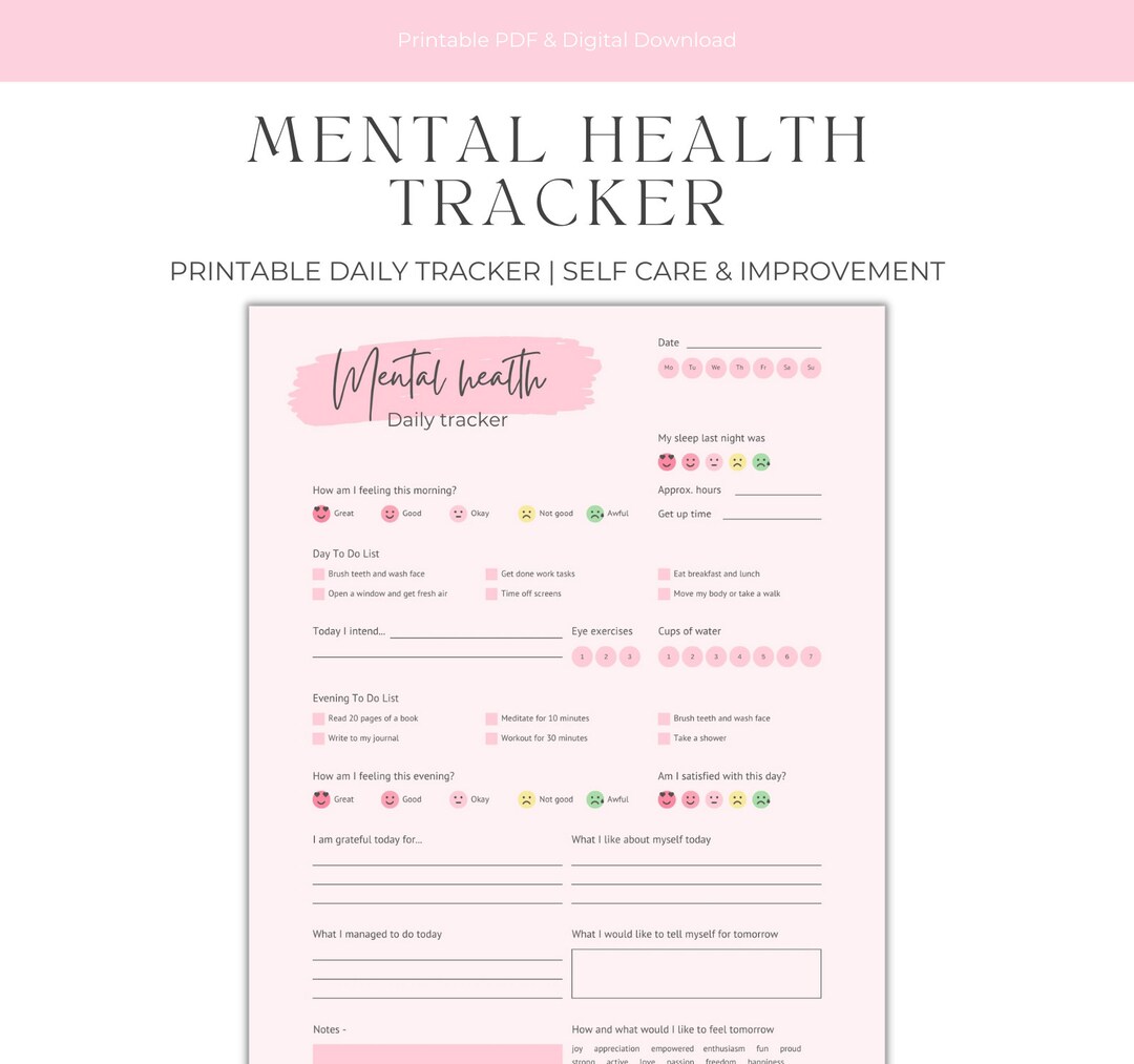Wellbeing Mental Health Daily Tracker Pink Self Care Journal Printable ...