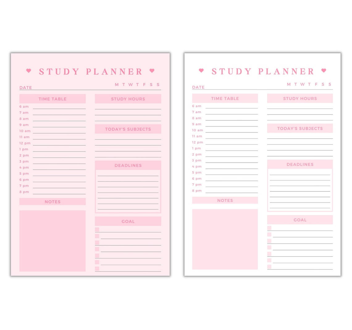 Study Schedule Planner Printable Organizer Minimal Pink Simple Everyday ...