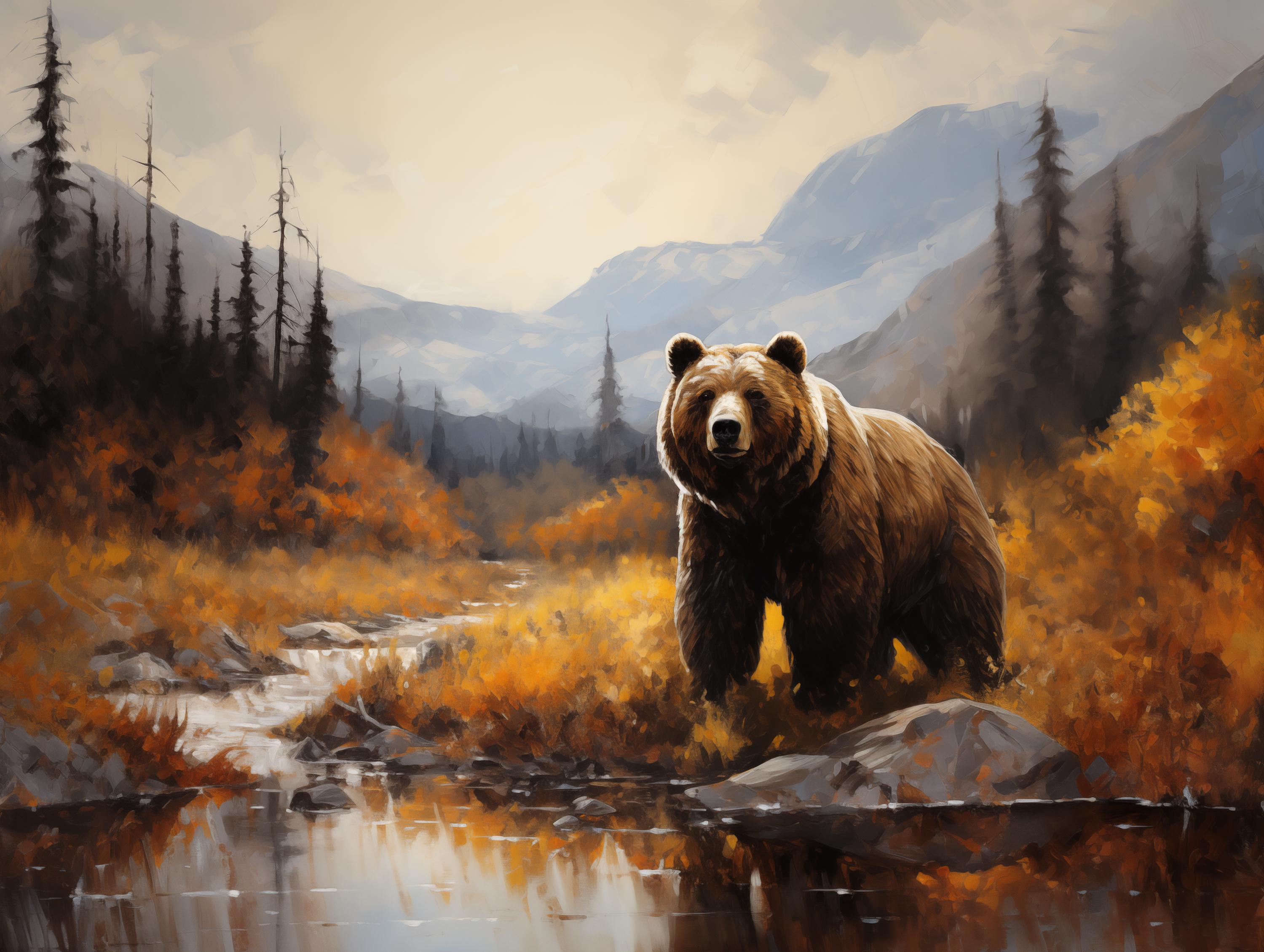 Autumn Wilderness Adventure, Grizzly Bear & Explorer Art Prints ...