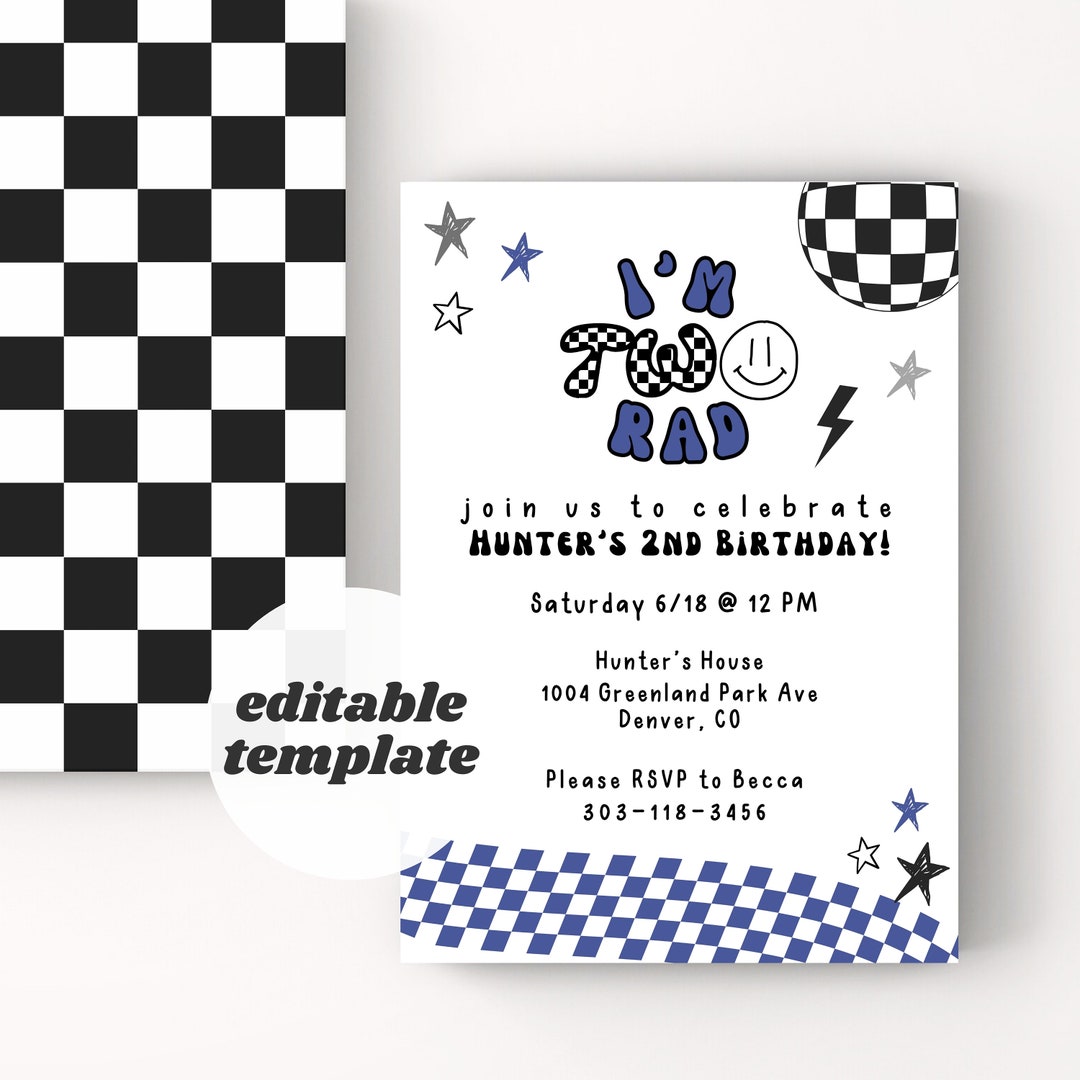 Rad Boy 2nd Birthday Invite, Retro Smiley Design (digital Download ...