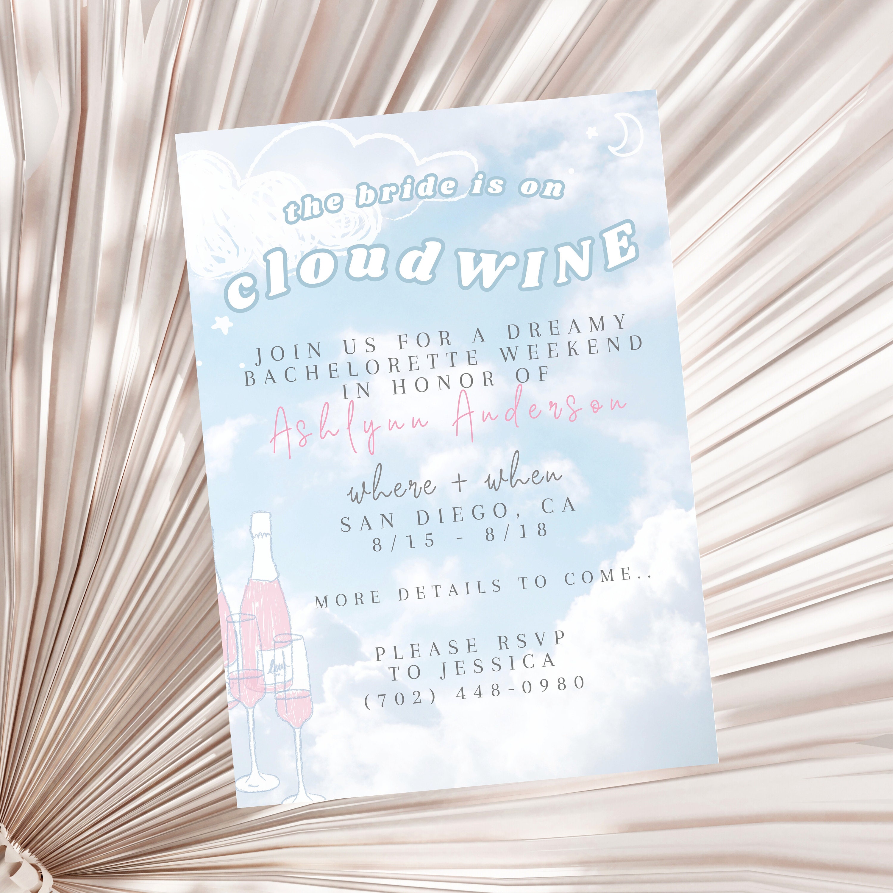 Bachelorette on Cloud 9 Invitation, Editable the Bride is on Cloud Wine ...