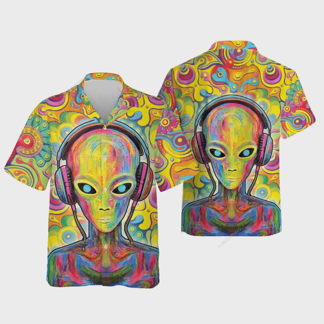Space Alien Headphone Hawaiian Shirt, Abstract Colorful Alien Summer ...