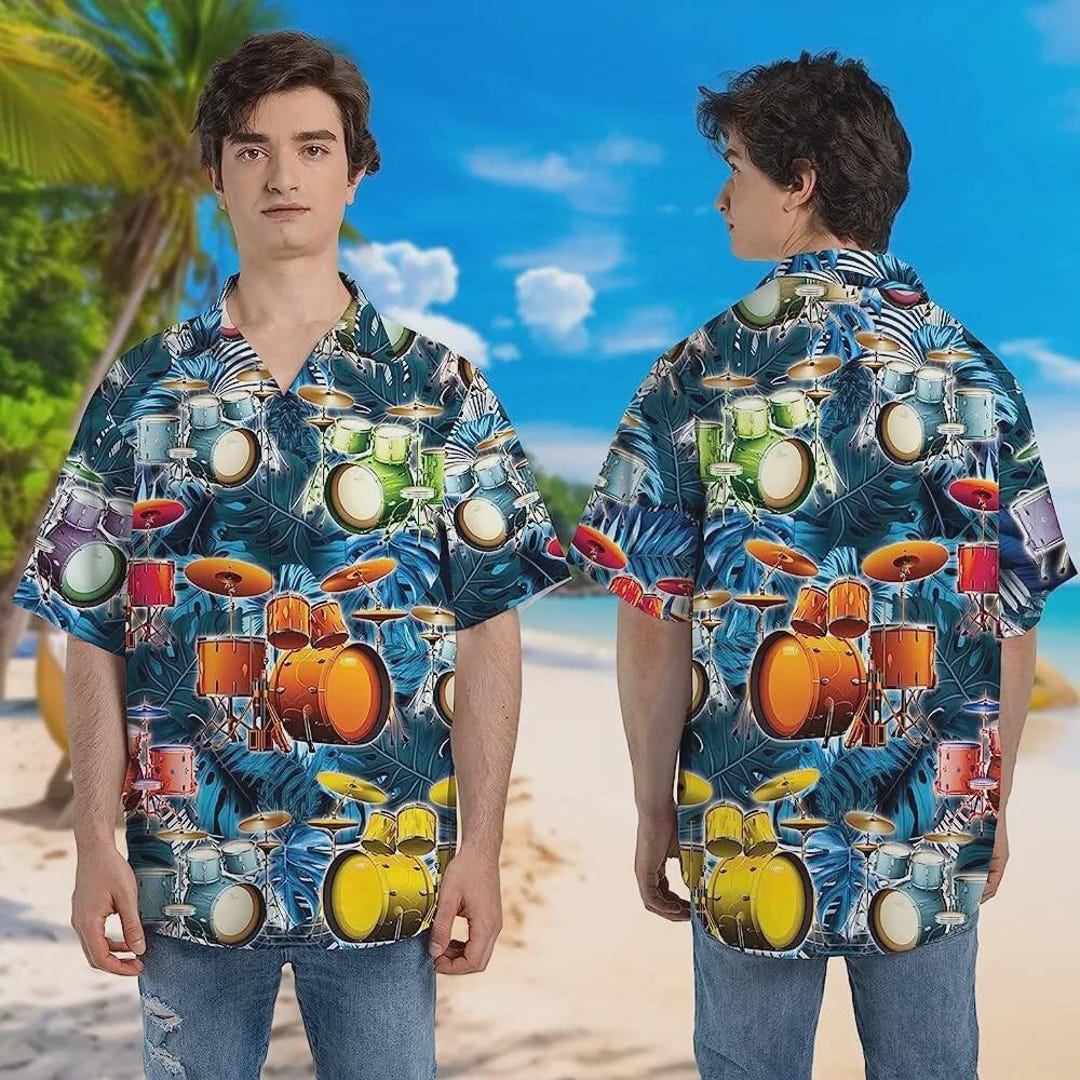 Drum Tropical Pattern Shirts for Men, Drummer Shirt, Short Sleeve ...