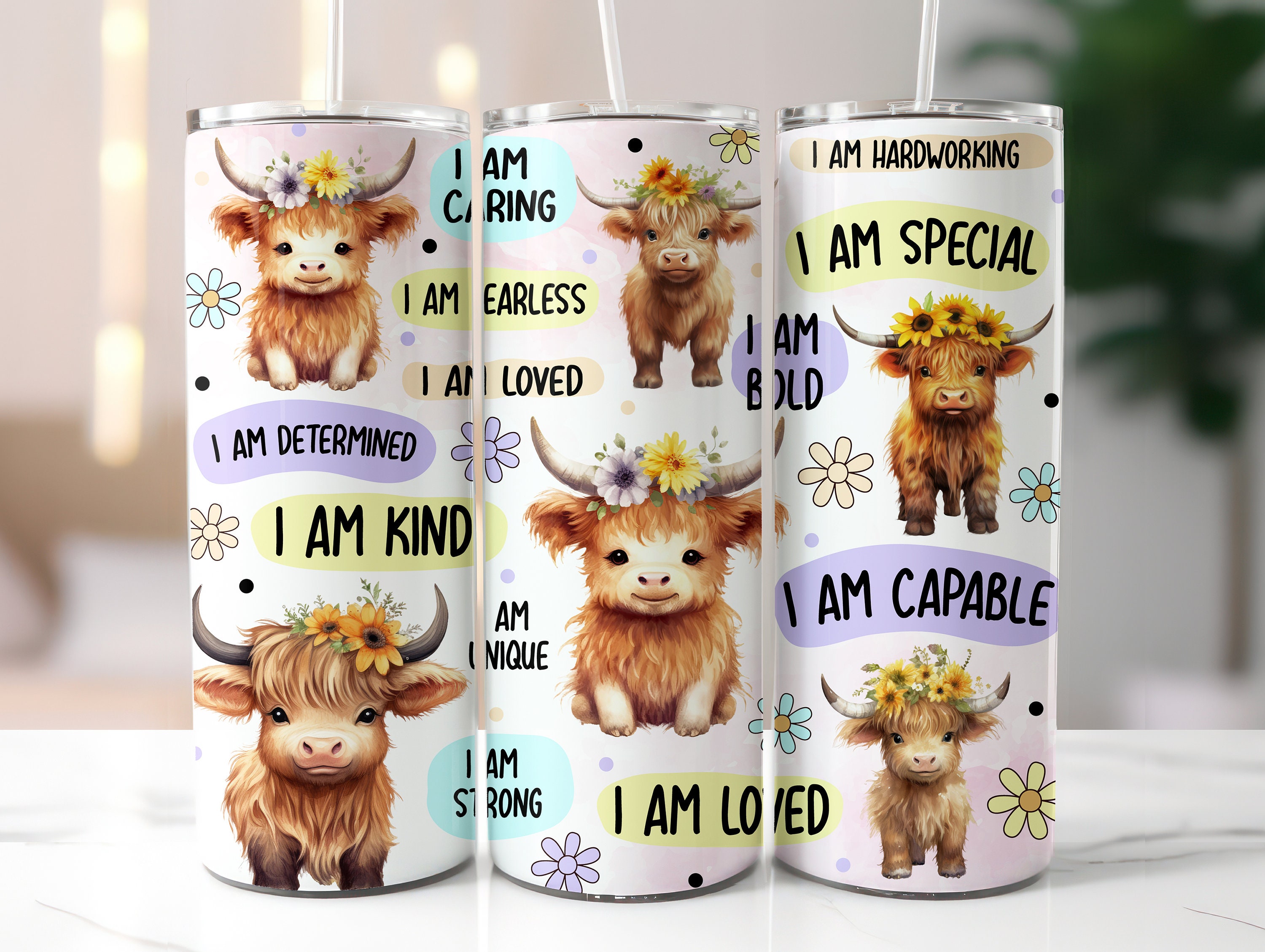 Positive Affirmations Highland Cow 20oz Skinny Tumbler Wrap ...