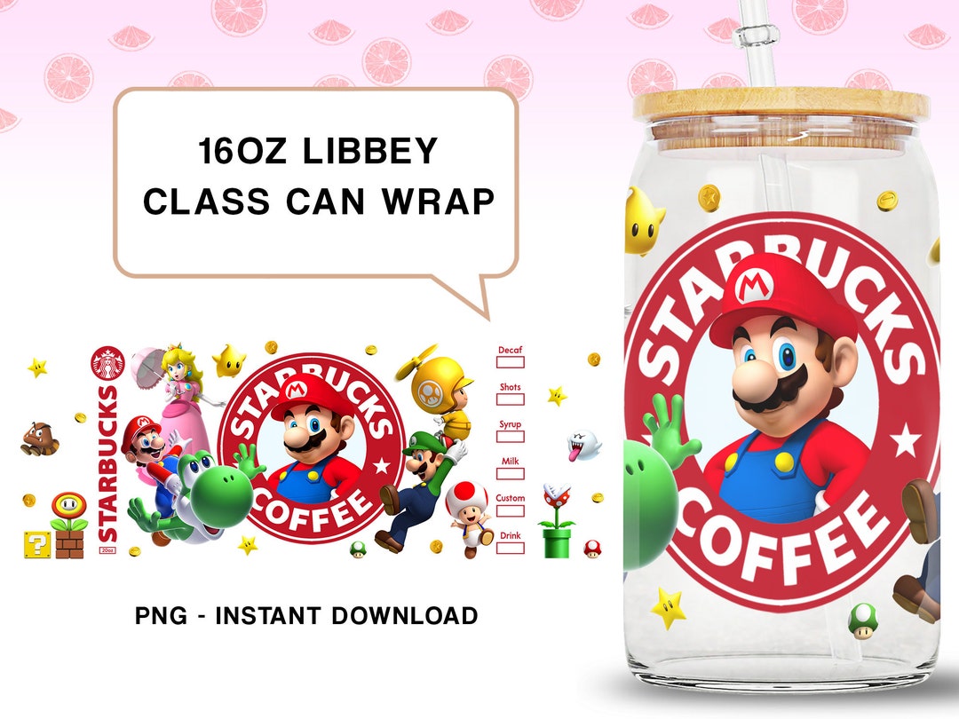 Super Mario Libbey Glass Can 16OZ, Mario Glass Mug Digital Png ...