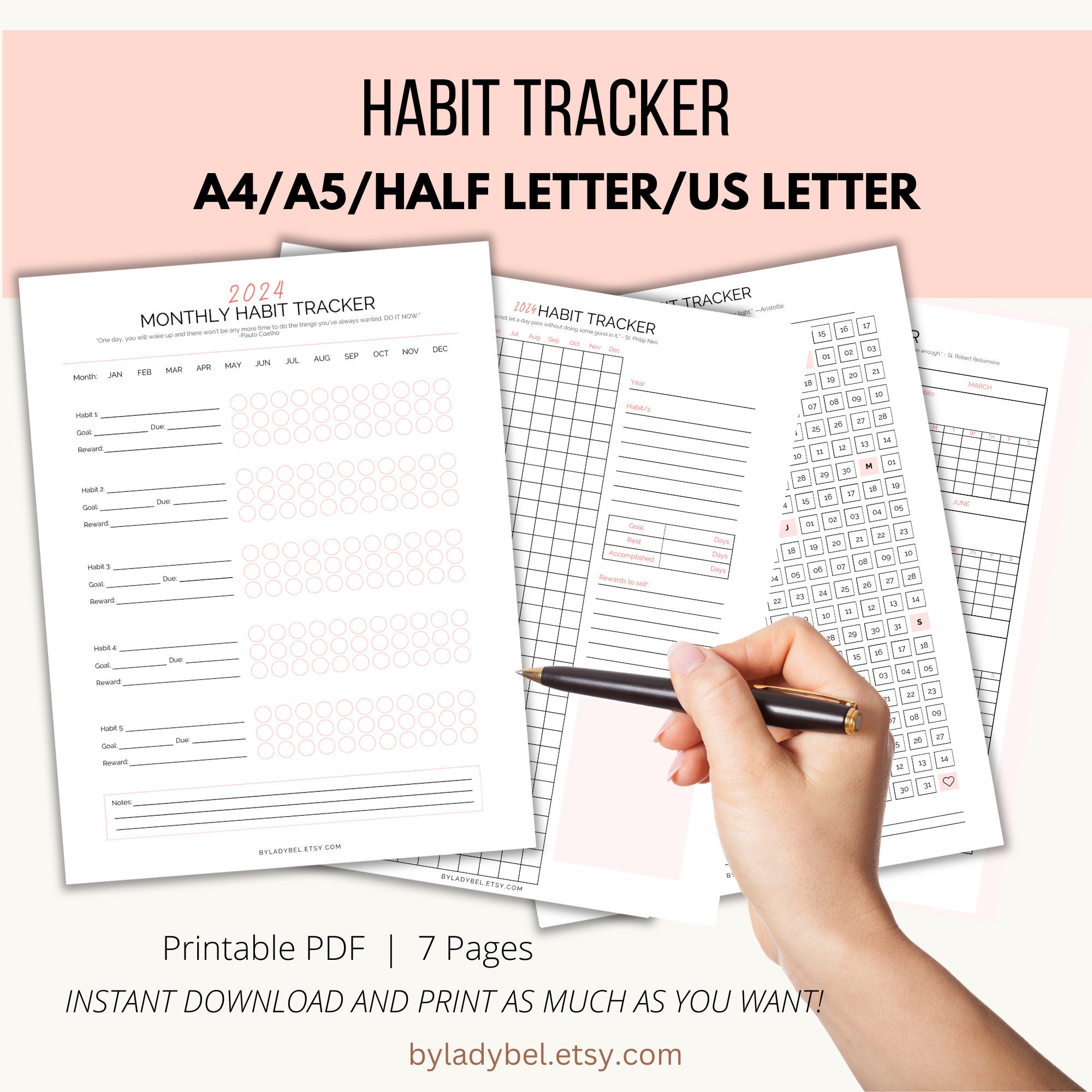 2024 Habit Tracker Printable, Feminine Soft Pink, Daily, Weekly ...
