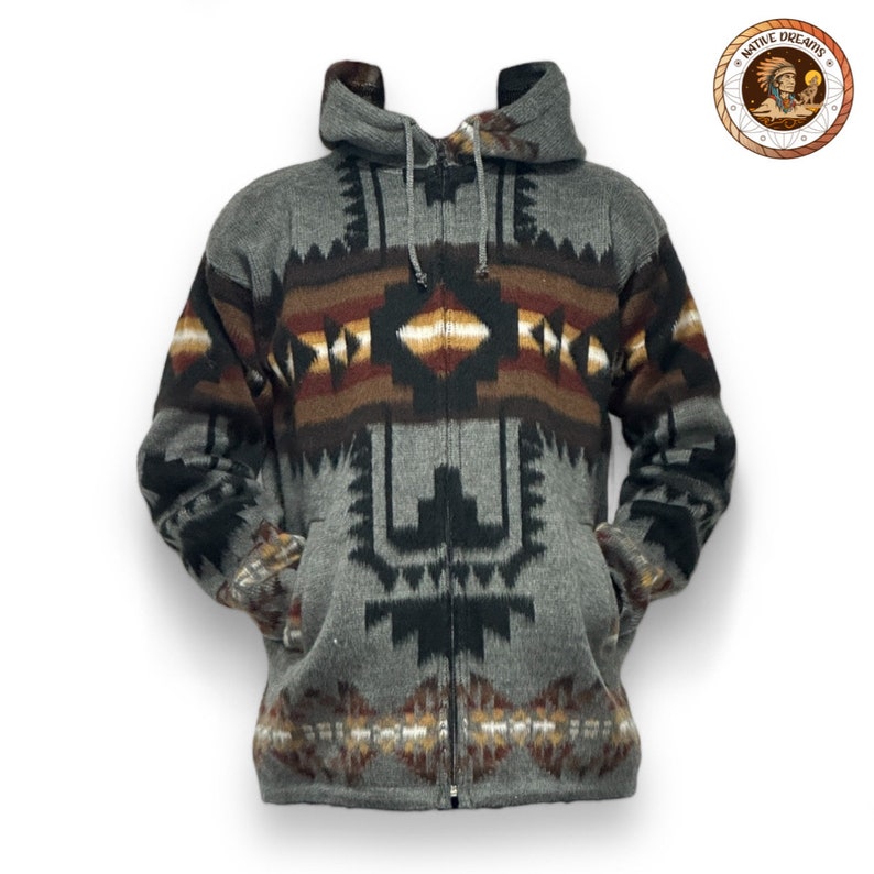 Handmade Alpaca Wool Hoodie Tribal Geometric Design Warm and Cozy Zip ...