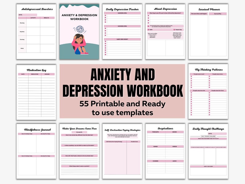 Digital Anxiety and Depression Mental Health Workbook BUNDLE 55-page Printable Digital PDF ...
