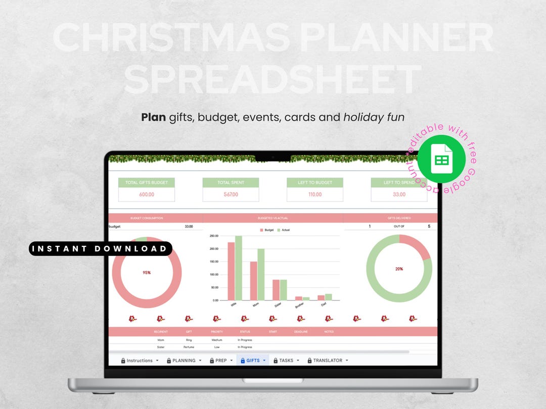 Christmas Planner Spreadsheet for Google Sheets | Organize Gifts ...