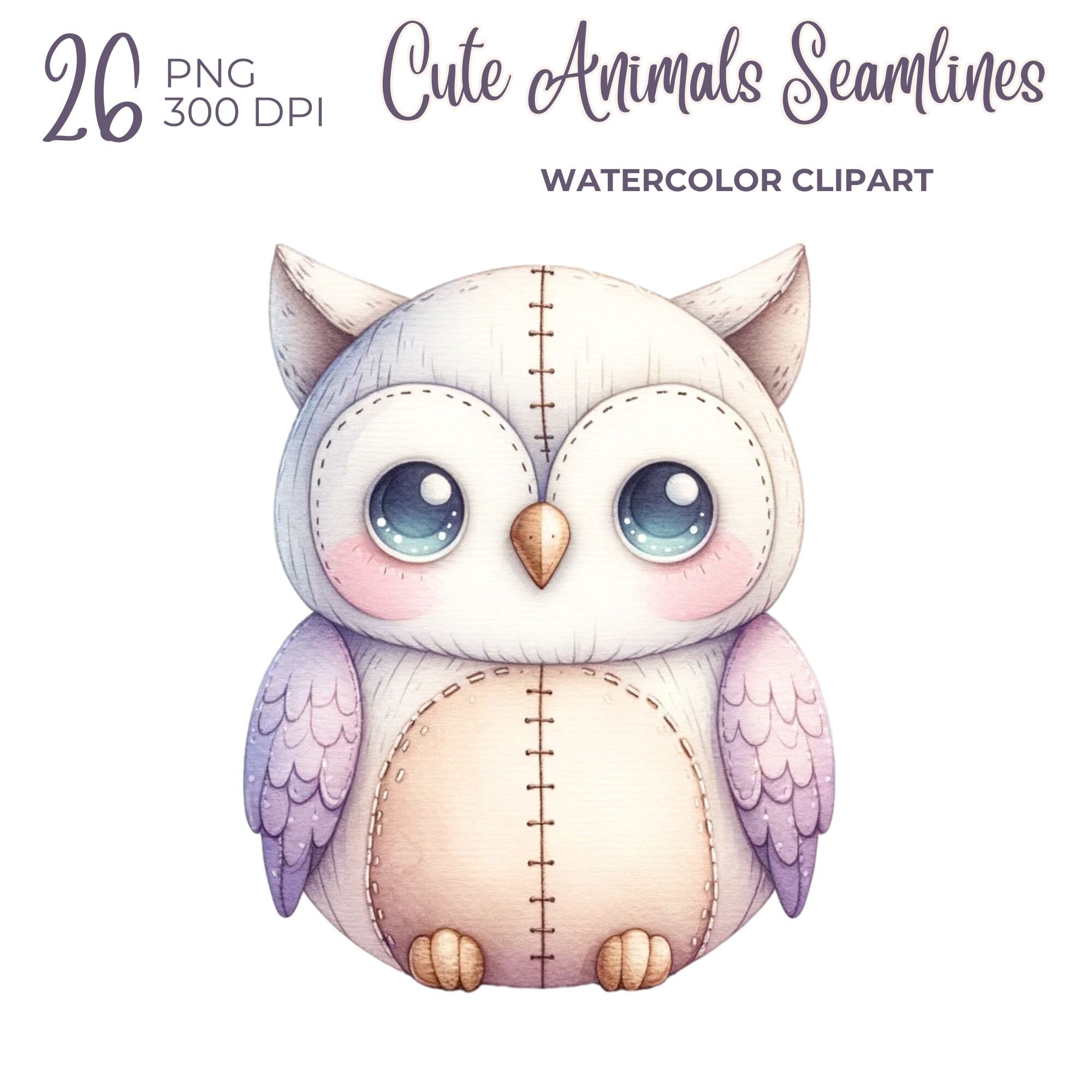 26 PNG Watercolor Cute Animals Stitched or Seam Lines Collection ...