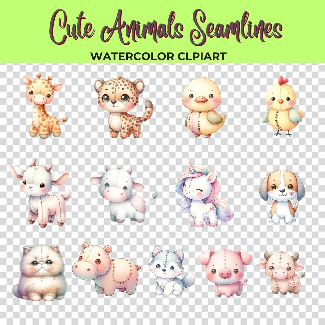 26 PNG Watercolor Cute Animals Stitched or Seam Lines Collection ...