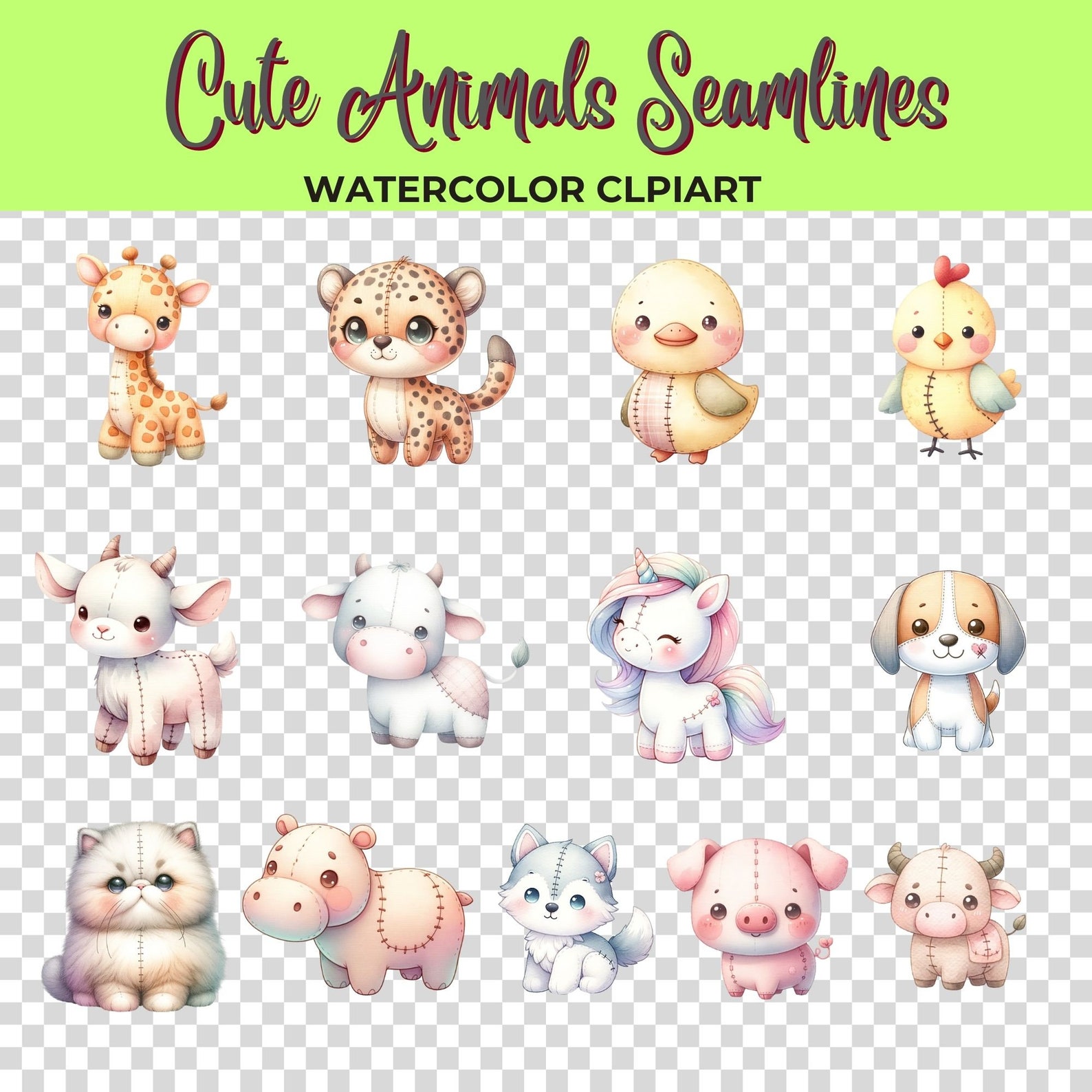 26 PNG Watercolor Cute Animals Stitched or Seam Lines Collection ...