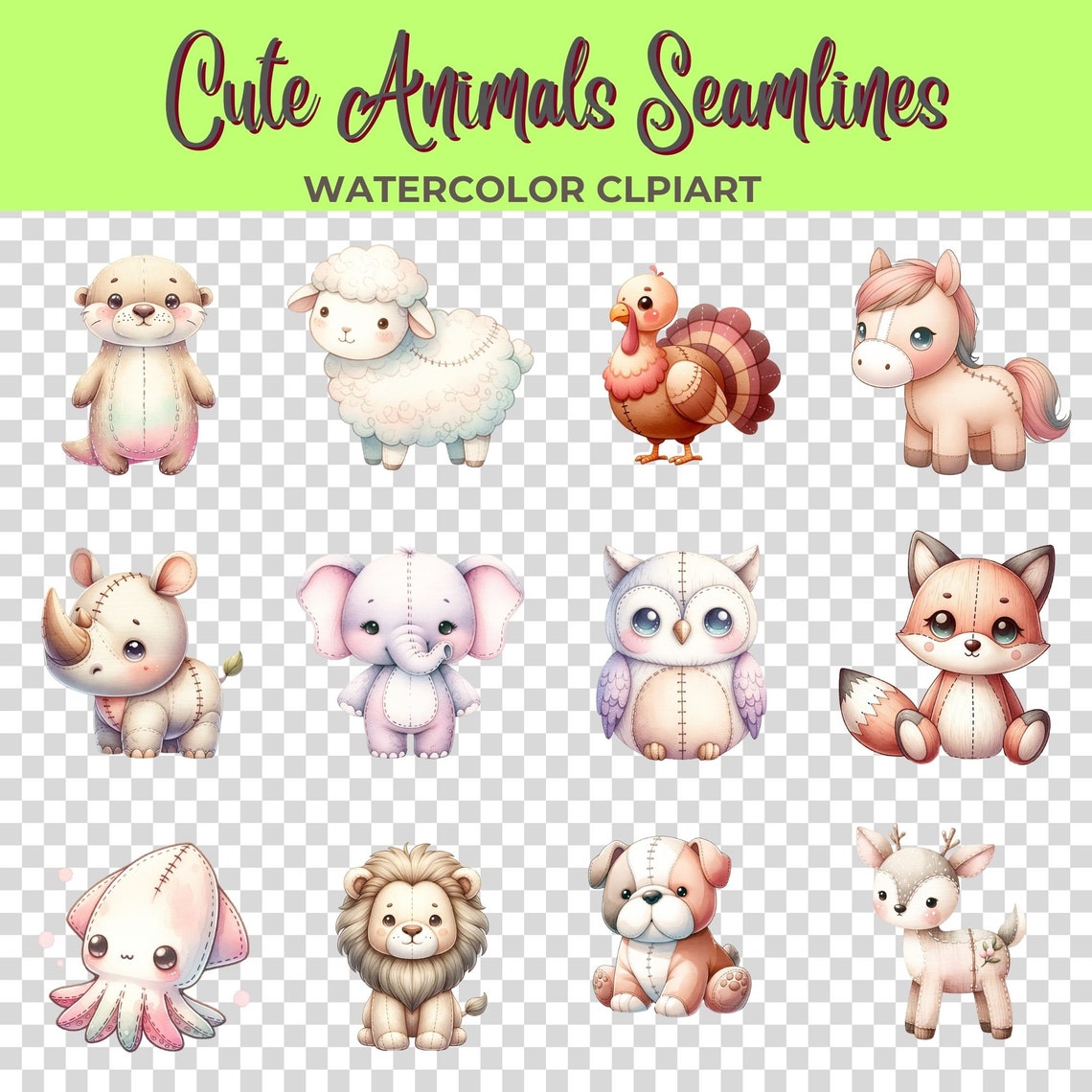 26 PNG Watercolor Cute Animals Stitched or Seam Lines Collection ...