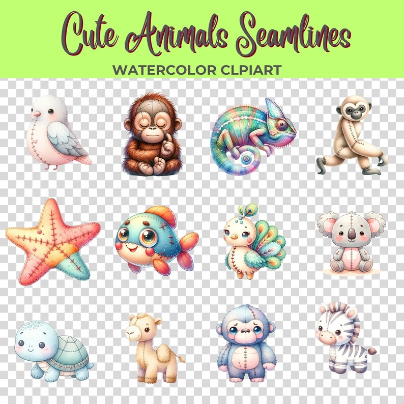 26 PNG Watercolor Cute Animals Stitched or Seam Lines Collection ...