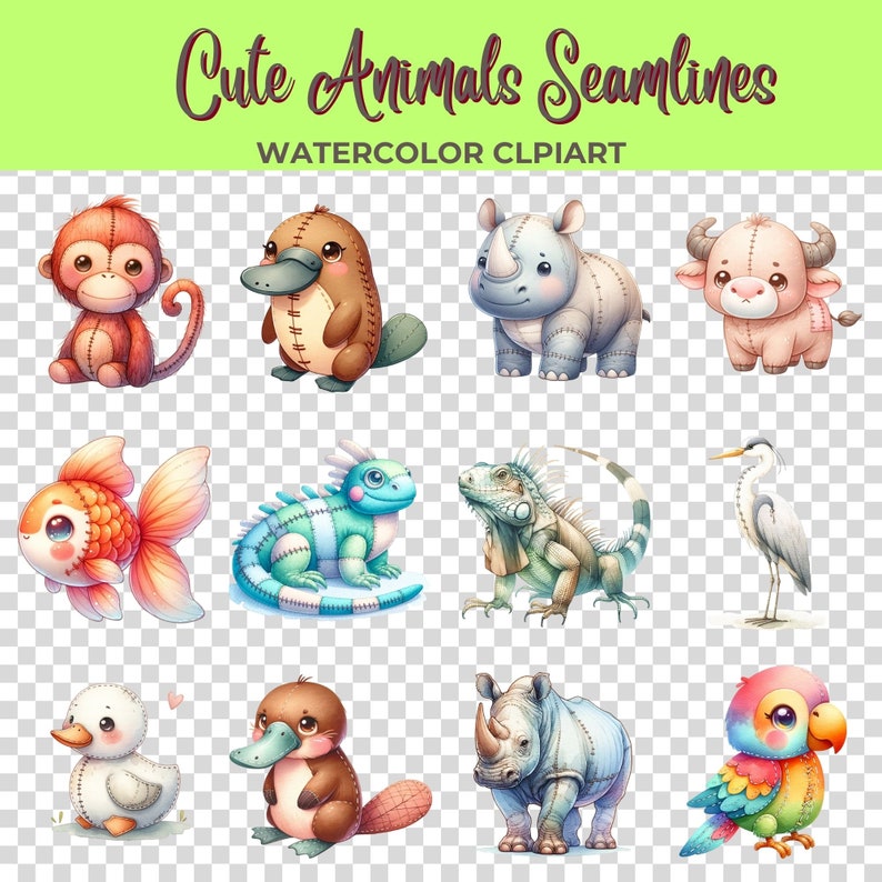 26 PNG Watercolor Cute Animals Stitched or Seam Lines Collection ...